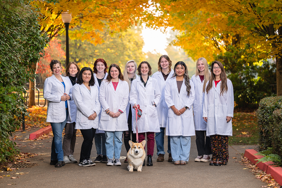 2024-2025 WSOP students at Willamette's Salem Campus (and a cute Corgi).