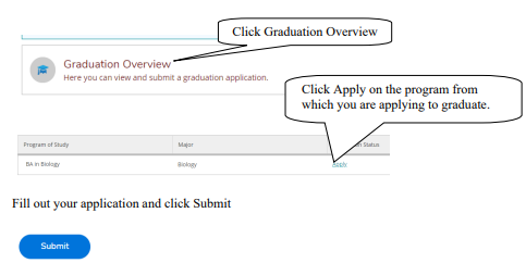 Screenshot showing where to apply for graduation under Graduation Overview.