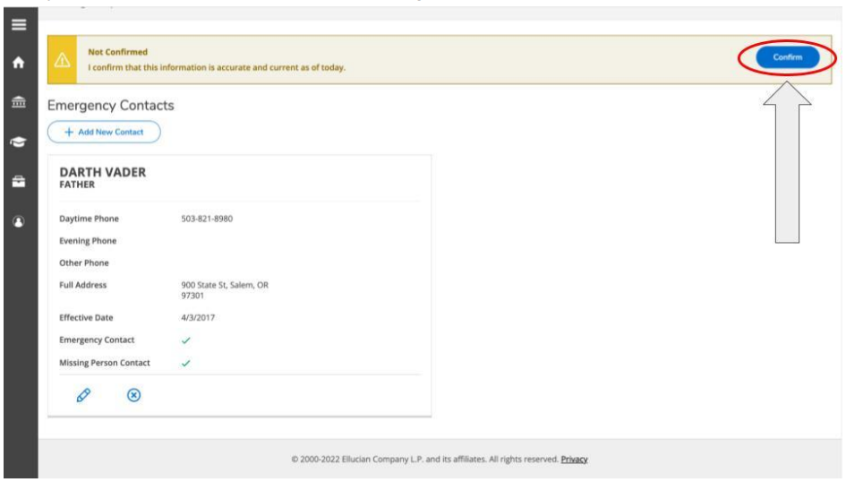 Screenshot showing where to confirm the updated emergency contact ...
