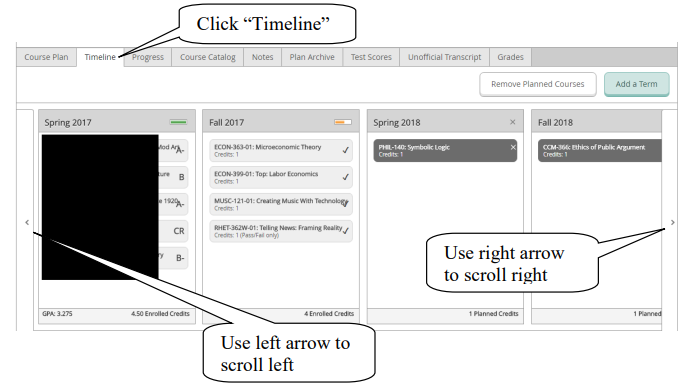 Screenshot showing where to view a timeline of completed, enrolled, and ...