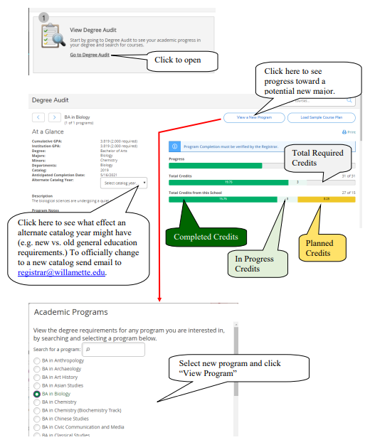 Screenshot showing how to navigate the degree audit tool to view completed credits, in progress ...