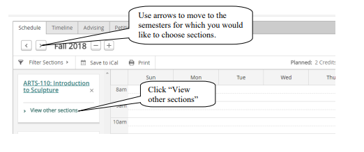 Screenshot showing how to select course sections for a semester.