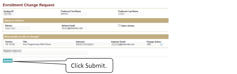 Screenshot showing how to submit an enrollment change request.
