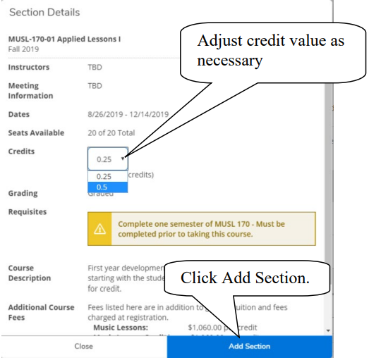 Screenshot showing how to adjust credit value for a course if necessary.